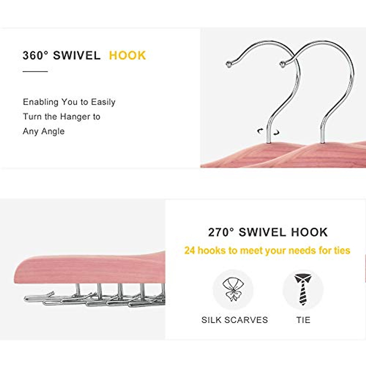 TOPIA HANGER American Red Cedar Wooden Tie Racks for Closet, 24 Tie Hangers Organizer, High-Grade Space Saving Necktie Holder for Storage and Display Bra, Tank Top, Camisole (1-Pack) CT14T