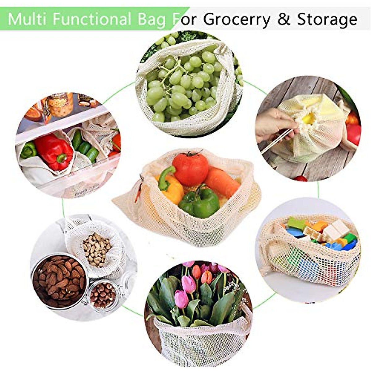 Romozi Reusable Produce Bags, Washable and Reusable Grocery Bags for Veggies, Fruits, Bulk Food,Toys, Cotton Mesh Produce Bags with Drawstring (Set of 6 PCS) (Light Yellow, 6)