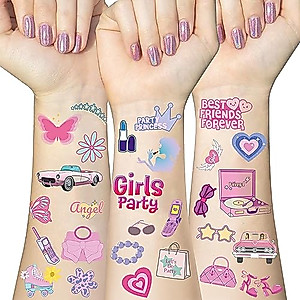 60PCS Hot Pink Tattoos Temporary for Girls, Princess Tattoos Stickers Waterproof Temporary Tattoos for Girls Kids Cute Party Favors Supplies for Birthday Decorations