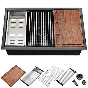 28 Black Undermount Kitchen Sink - iAnomla 28 Inch Black Stainless Steel Undermount Workstation Sink 16 Gauge Deep Single Bowl Matte Black Kitchen Sink with Cutting Board