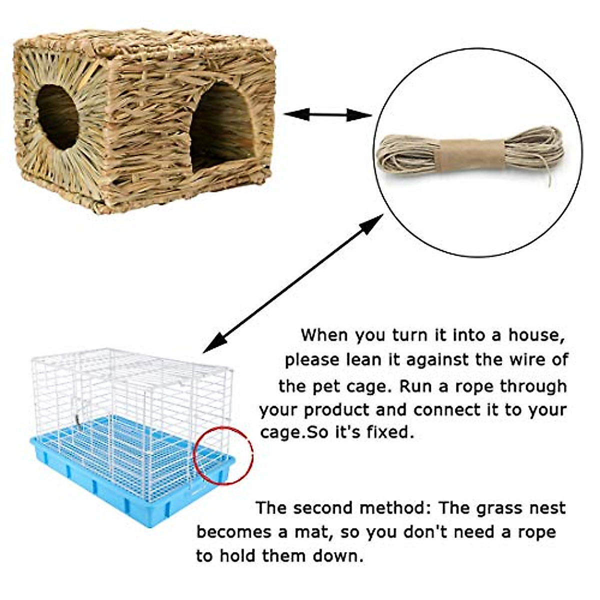 Tfwadmx 2 Pack Rabbit Grass House - Natural Hand Woven Seagrass Play Hay Bed, Collapsible Hideaway Hut Toy for Bunny Hamster Guinea Pig Chinchilla Ferret