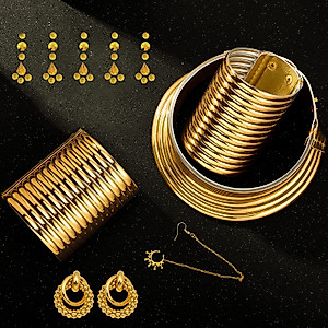 RDKOEAKEL 7 PCS African National Vintage Gold Flamboyant Jewelry Set Egypt Choker Bracelet African Nose Rings Hoop Chain Earrings for women Long Neck Collar Wide Leather Bracelet Sets