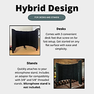 TRUE NORTH Microphone Isolation Shield w/Desk Feet and Stand Mount - Portable Vocal Booth Sound Booth Recording Equipment, Mic Shield Portable Recording Booth, Microphone Shield Portable Sound Booth