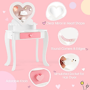 Costzon Kids Vanity Set, Girls Vanity Set with Mirror and Stool, Accessories, Drawer & Storage Shelf, Wooden Princess Makeup Dressing Table, Pretend Play Vanity Table and Chair Set for Toddlers, White