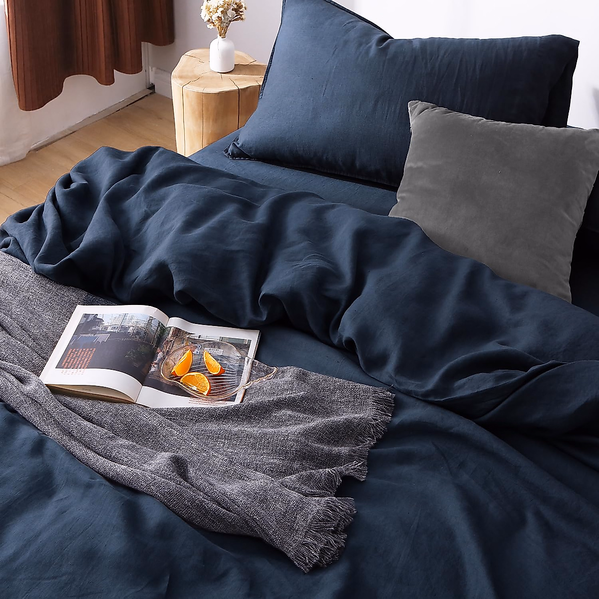 S VICTORY SYMBOL 100% Organic Linen Duvet Cover Set Queen Size,Natural French Linen Bedding Set with Stone Washed,Comforter Cover with Button Closure(Navy) Soft,Breathable