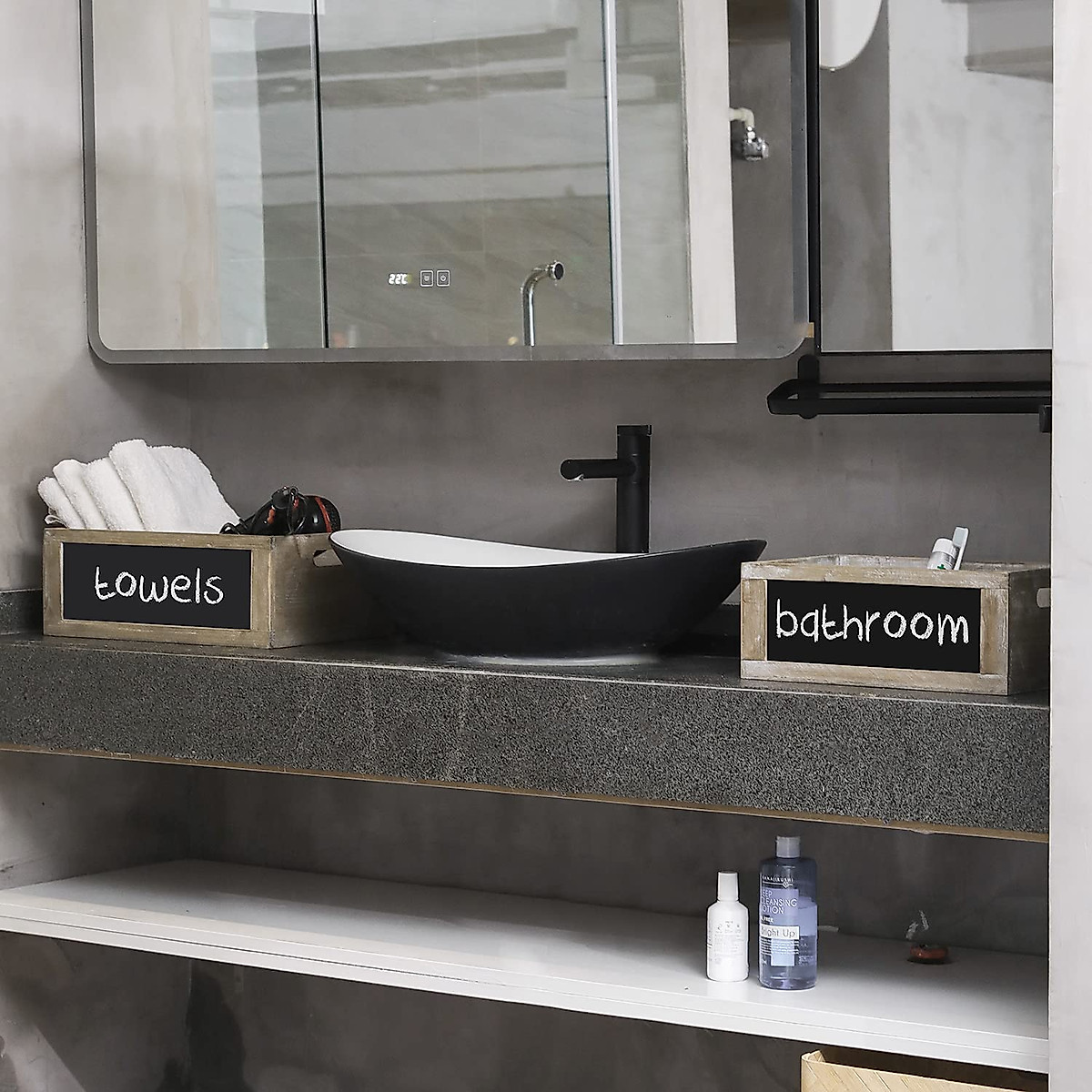 MyGift Rustic Brown Wood Crate with Chalkboard Label, Decorative Storage Bin Wooden Crates with Erasable Chalk Front Panel and Cut Out Handles, Set of 2