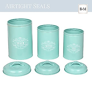 Baie Maison Large Turquoise Farmhouse Canister Sets for Kitchen Counter Airtight - Set of 3 Rustic Coffee, Sugar Tea Storage Containers - Teal Decor Jars - Vintage Kitchen Canisters Set for Countertop