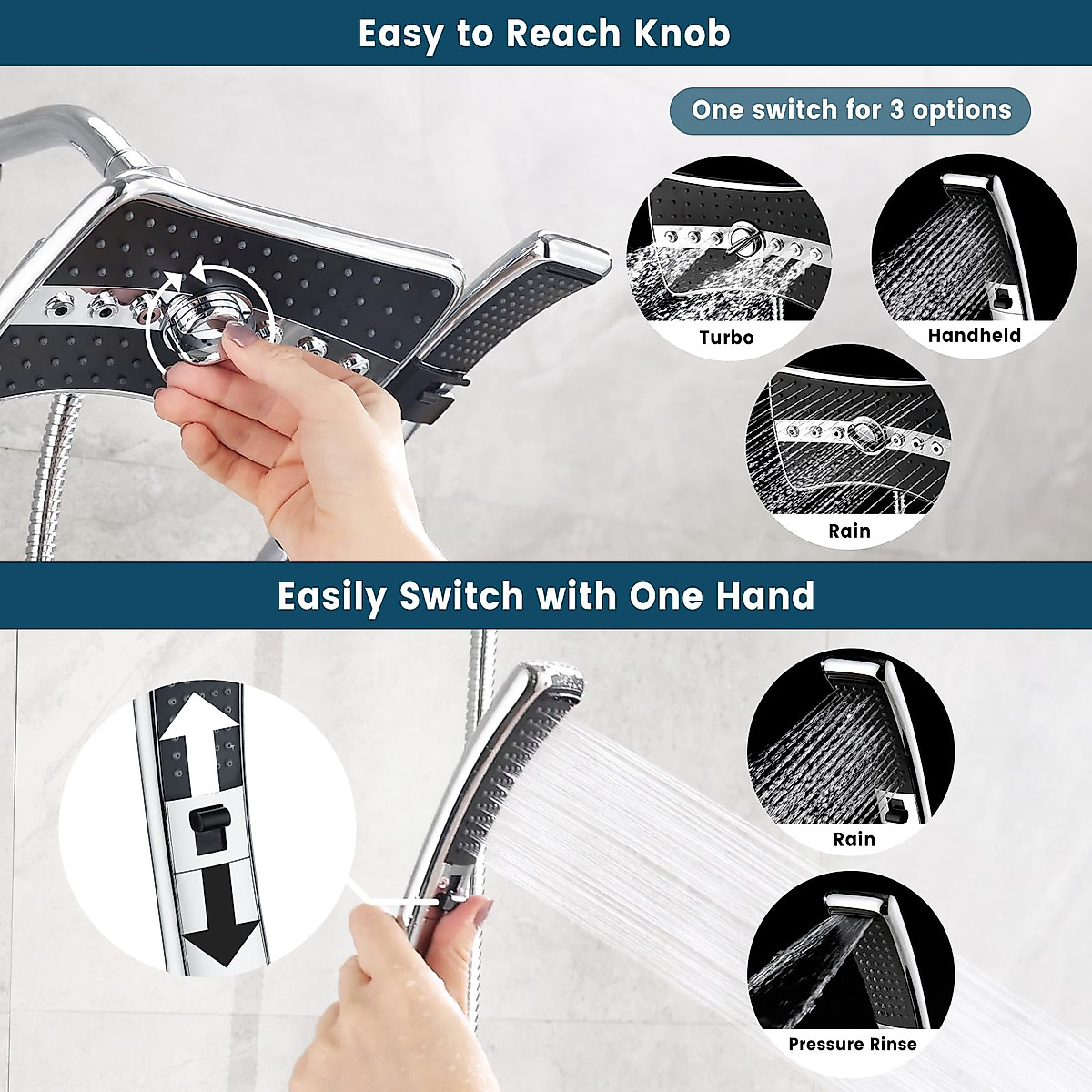 BRIGHT SHOWERS Dual Shower Head Combo Set, Handheld Showerhead Rainfall Shower Head Combo with Black Face, 60 Inch Long Stainless Steel Shower Hose, Chrome