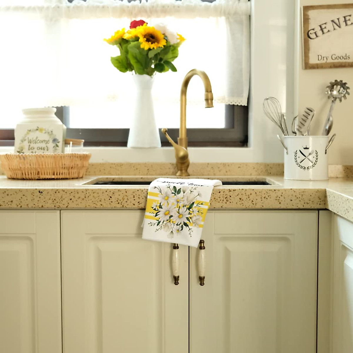 GEEORY Spring Kitchen Towels for Spring Decor White Flower Dish Towels 18x26 Inch Ultra Absorbent Bar Drying Cloth Sweet Time Sign Hand Towel for Kitchen Bathroom Party Home Decorations Set of 2