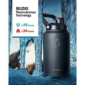 BUZIO Insulated Gallon Water Bottle with Straw Lid and Carrying Sleeve, 128oz Stainless Steel Water Jug with Two Stainless Steel Cups, Hot Cold Metal Canteen Water Flask, Black