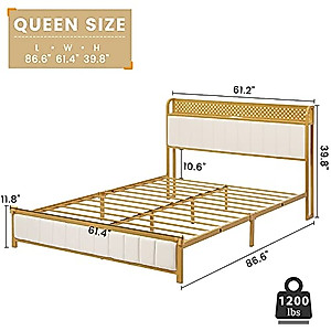 BTHFST Queen Bed Frame, LED Bed Frame with Storage Headboard, USB Ports & Outlets, Upholstered Platform Bed Frame, Sturdy Bed Foundation, Creamy White & Gold