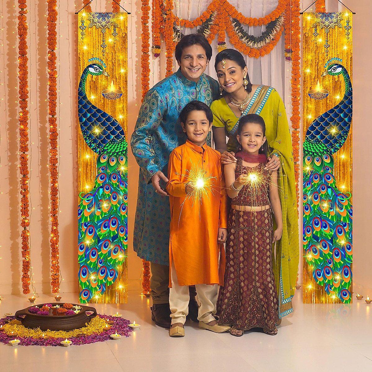 Riceshoot 10 Pcs Diwali Porch Banner Set, 2 Pcs 71 Inches Peacock Front Porch Welcome Sign 6 Pcs 5 ft Orange and Yellow Marigold Garland for Decoration and 2 Pcs 6.5 ft LED Lights for Indian Wedding