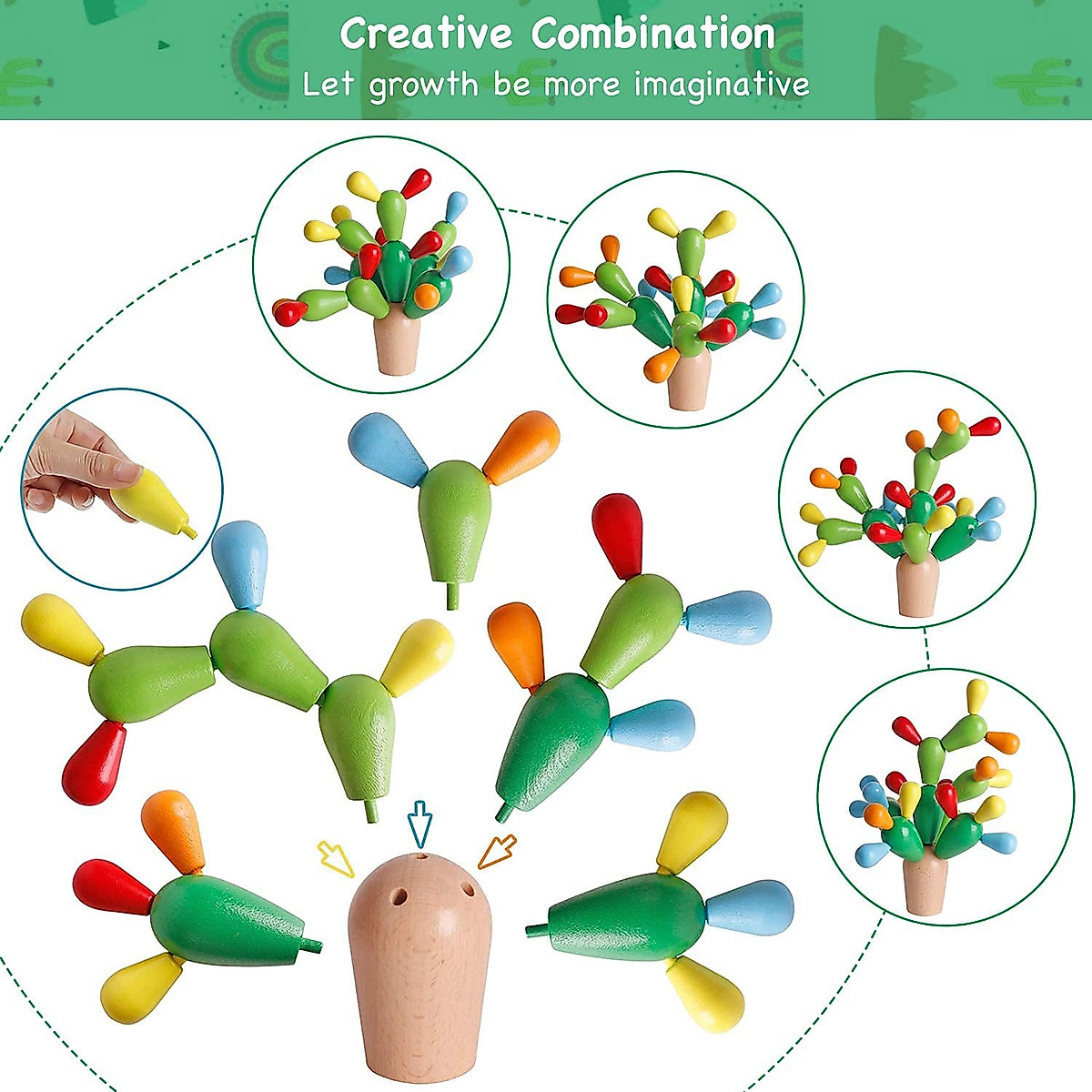 SGVV90 Wooden Balancing Cactus Travel Size,Made from Rubberwood and Non-Toxic Paints and Dyes,Fun and Educational Activity Puzzles Montessori Toys for Toddler Kids