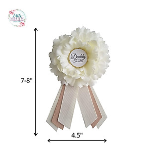 Mom To Be Sash and Dad To Be Pin By LMC | Baby Shower Belly Sash and Corsage | USA Handmade | Heat Sealed Ends | Ivory and Beige (Daddy to be pin)