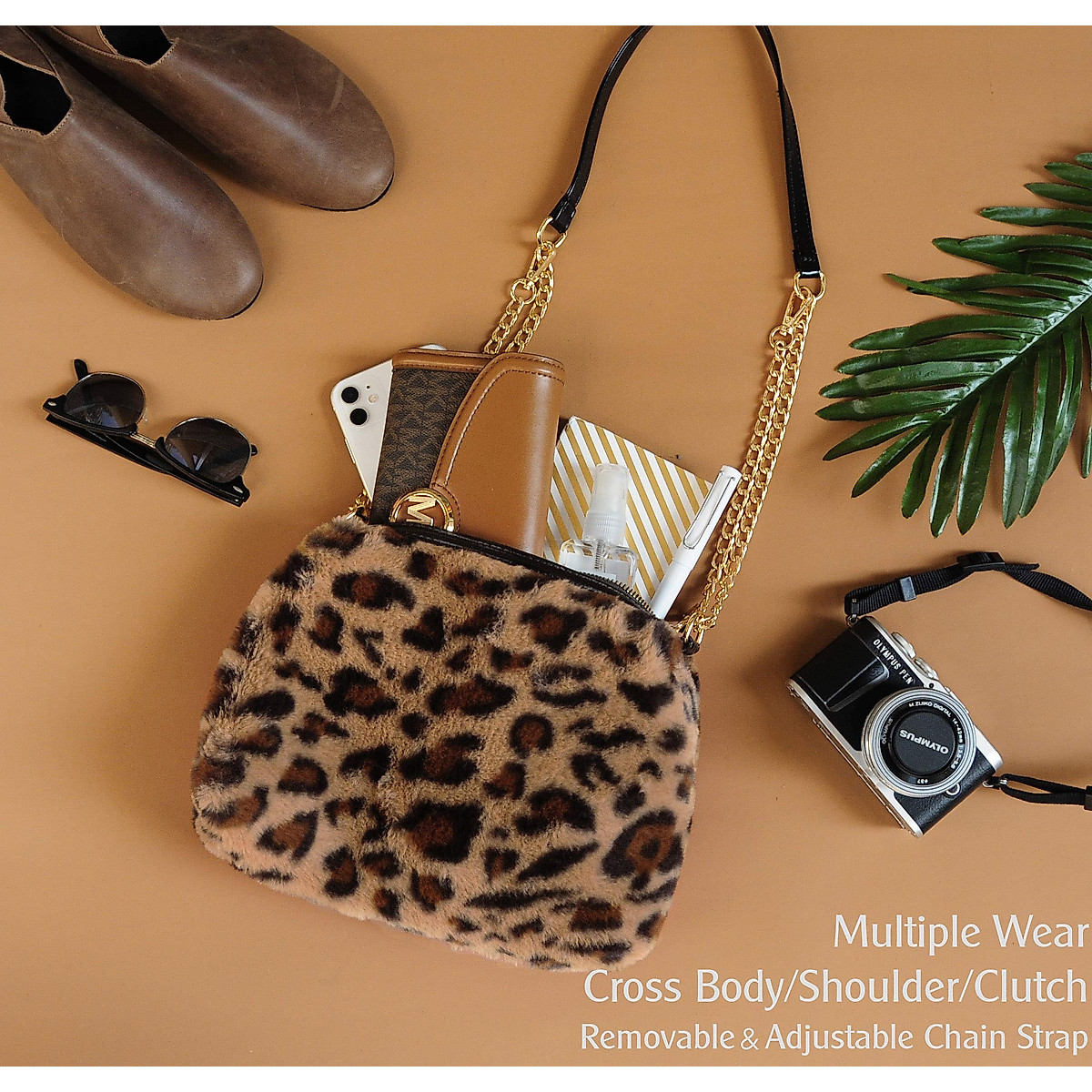 HOXIS Faux Fur Furry Crossbody Shoulder Handbag Clutch Purse(Leopard print)