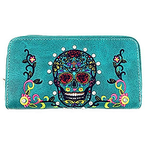 Texas West Women's Embroide Sugar Skull Handbag Purse Wallet Set in Multi Color (Turq)