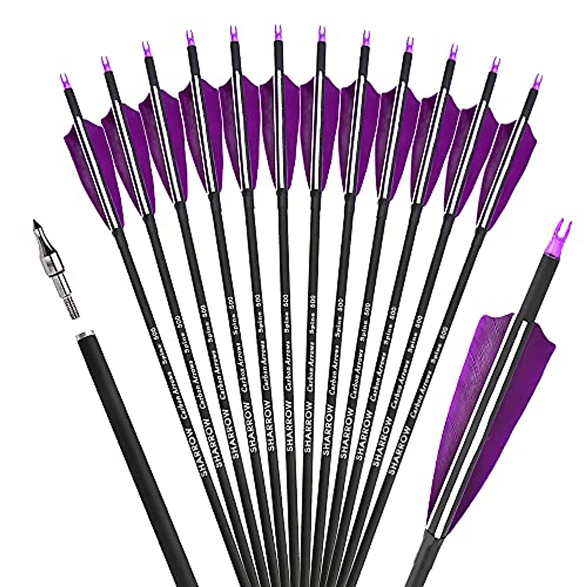 ZSHJGJR 30 Inch Archery Carbon Arrows Hunting Arrows with 4” Turkey Feather Target Practice Arrows Spine 500 for Compound & Recurve &Traditional Bow 6/12pcs (12 x purple arrows)