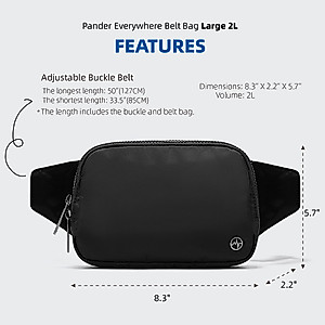 Pander Belt Bag Large 2L, Waterproof Everywhere Fanny Pack Purse for Women and Men with Adjustable Strap (Black Onyx).