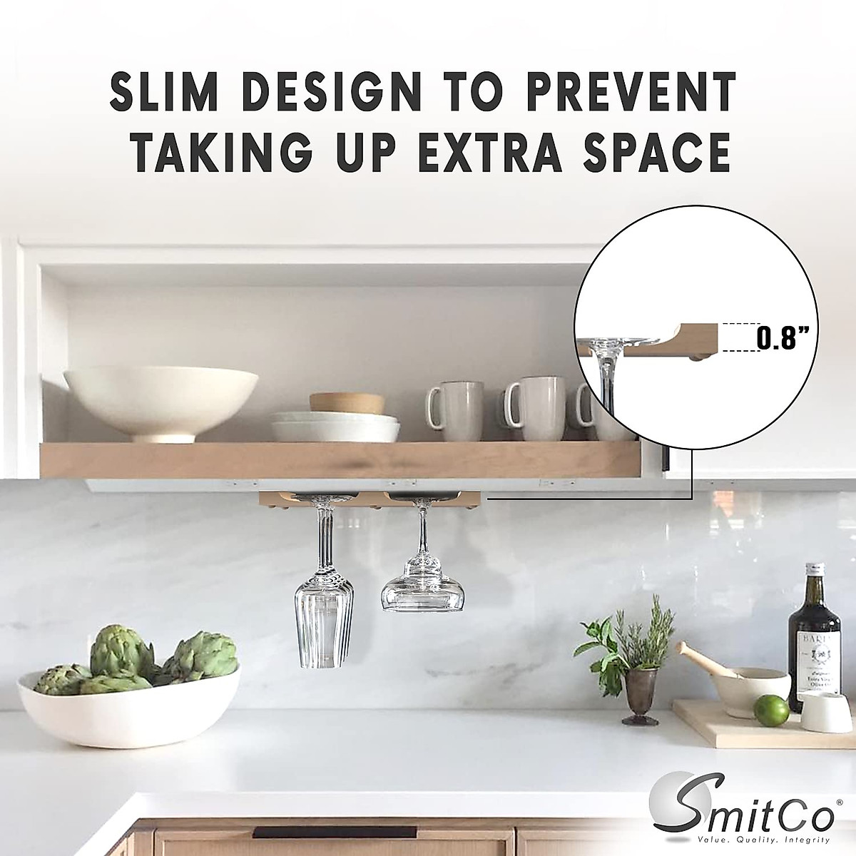 Wooden Wine Glass Holder for Under Cabinet | Under Shelf Kitchen Stemware Rack | Wood Holding Rack for Wine Glasses and Stemware| Stemware and Glassware Hanger and Organizer- Stores Up to 12 Glasses