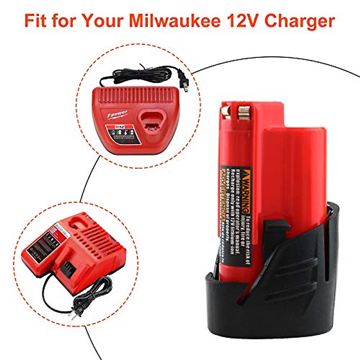 Amsbat 3000mAh 12 Volt Compatible with Milwaukee M12 Battery XC 48-11-2411 48-11-2420 48-11-2401 48-11-2402 48-11-2401 Lithium-ion Cordless Tools Batteries 2 Pack - Black