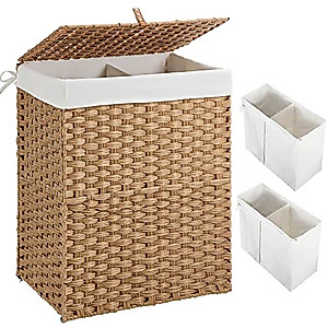 GREENSTELL Laundry Hamper, No Install Needed, 90L Wicker Laundry Baskets Foldable 2 Removable Liner Bags, 2 Section Clothes Hamper Handwoven Laundry Basket with Handles, Nature 18.3x13.3x24 Inches
