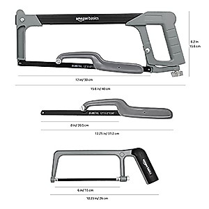 Amazon Basics 3-Piece Aluminum Hacksaw Set with Bi-Metal Hacksaw Blades - 24 TPI (6-inch, 8-inch and 12-inch)