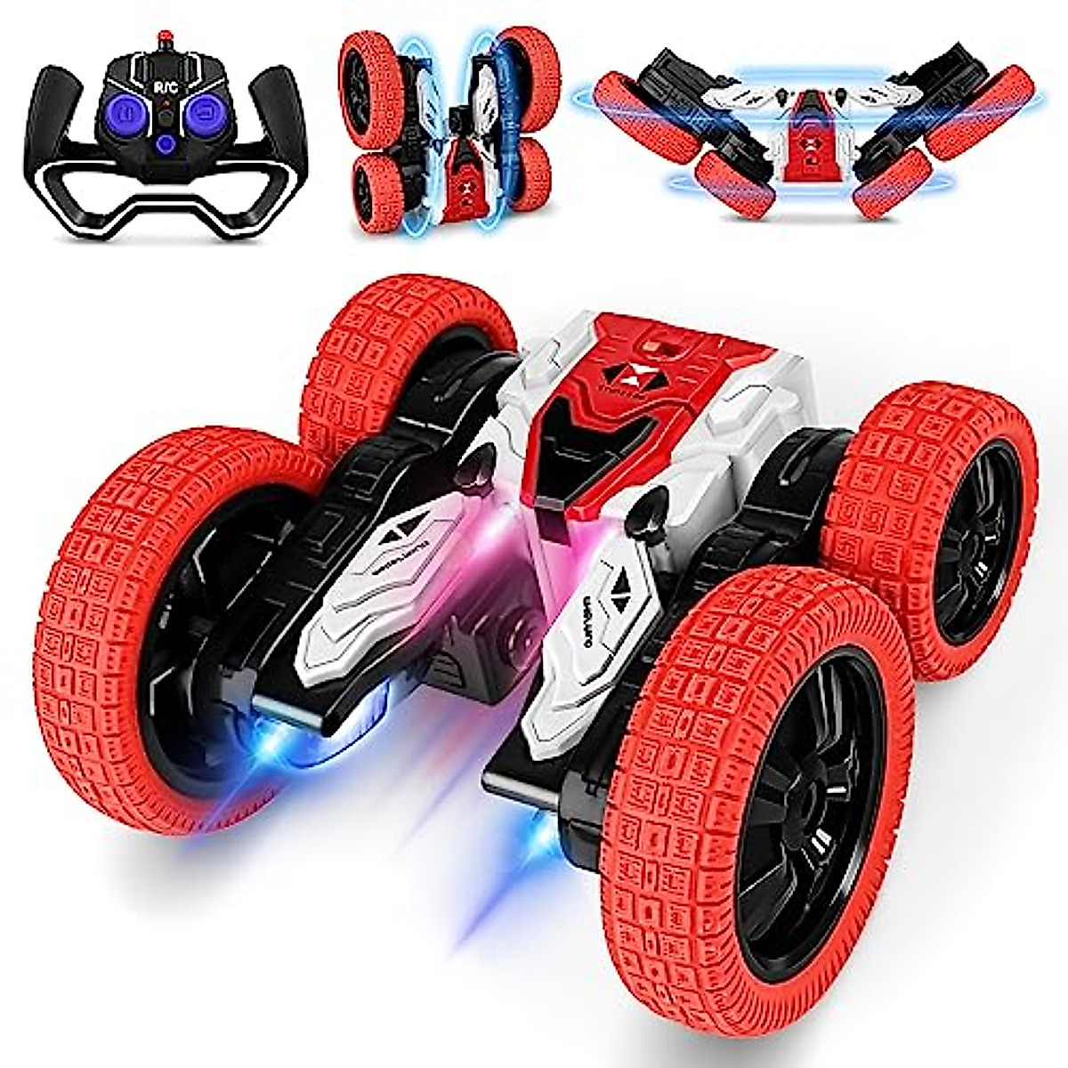 RC Stunt Car for Kids - OWNONE Double Side Remote Control Car for Boys, 360°Flips Rotating Stunt Car with LED Lights, 4WD 2.4Ghz Rechargeable Stunt Remote Control Car Toy (Red)