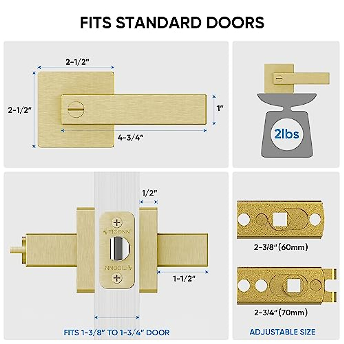 TICONN Door Handle Heavy Duty, Reversible Square Door Lever for Bedroom, Bathroom and Rooms (Satin Brass, Privacy)