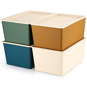 Menkxi 4 Pcs Storage Bins with Lids Plastic Storage Containers Stackable Storage Box Baskets for Organizing Shelves (Mixed Color,Small)
