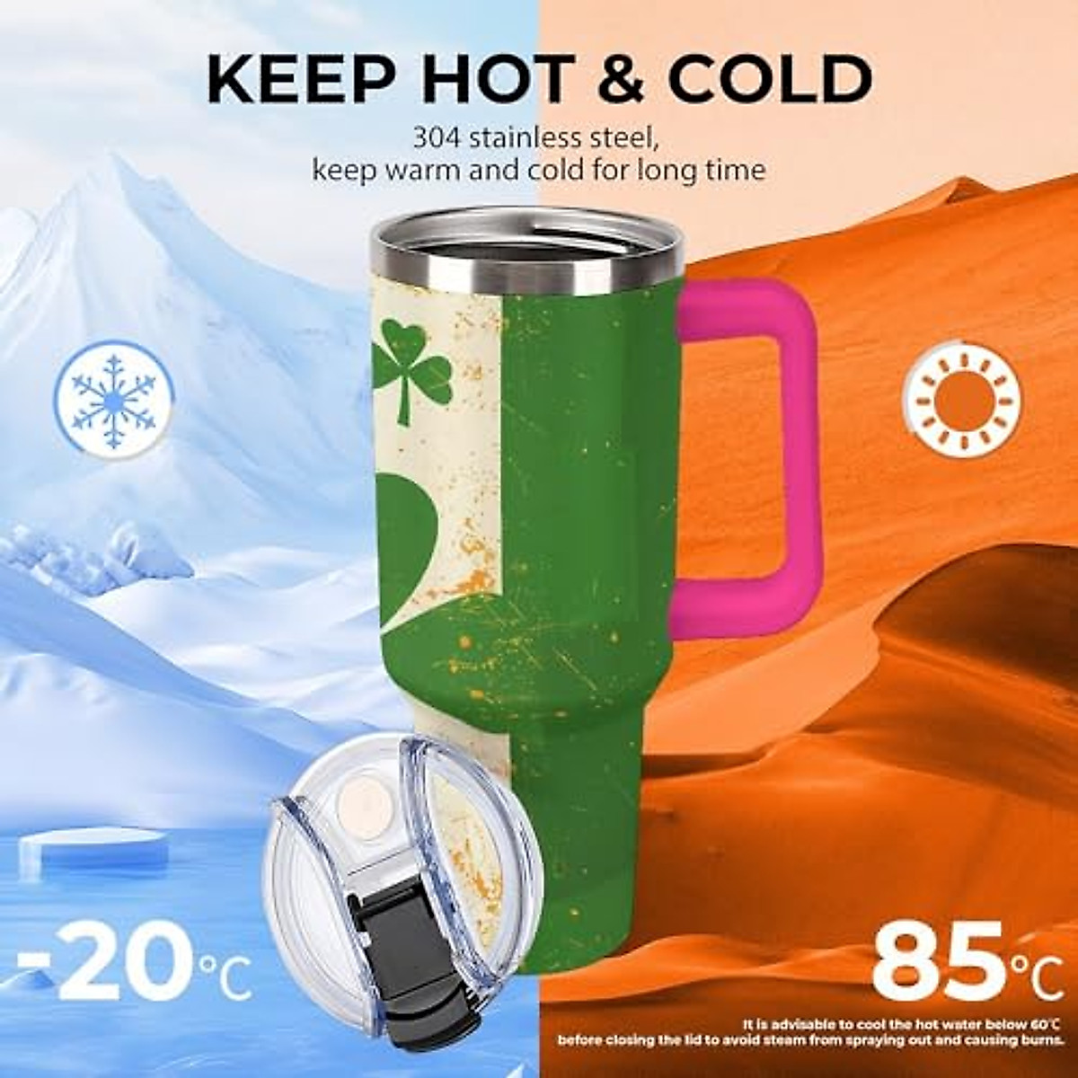 Irish Flag With Shamrock Pattern 40 Oz Tumbler Insulated Stainless Steel Water Bottle Travel Mug Car Cup with Handle And Straw