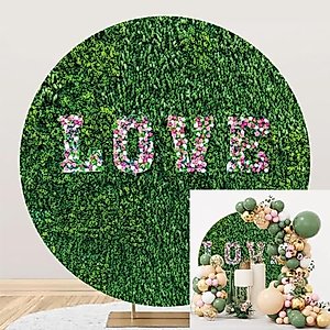 AWERT Polyester Diameter 5ft Round Green Leaf Wall Backdrop with Love Font Wedding Ceremony Bridal Shower Valentine's Day Mother's Day Photography Background Baby Shower Decoration Supplies