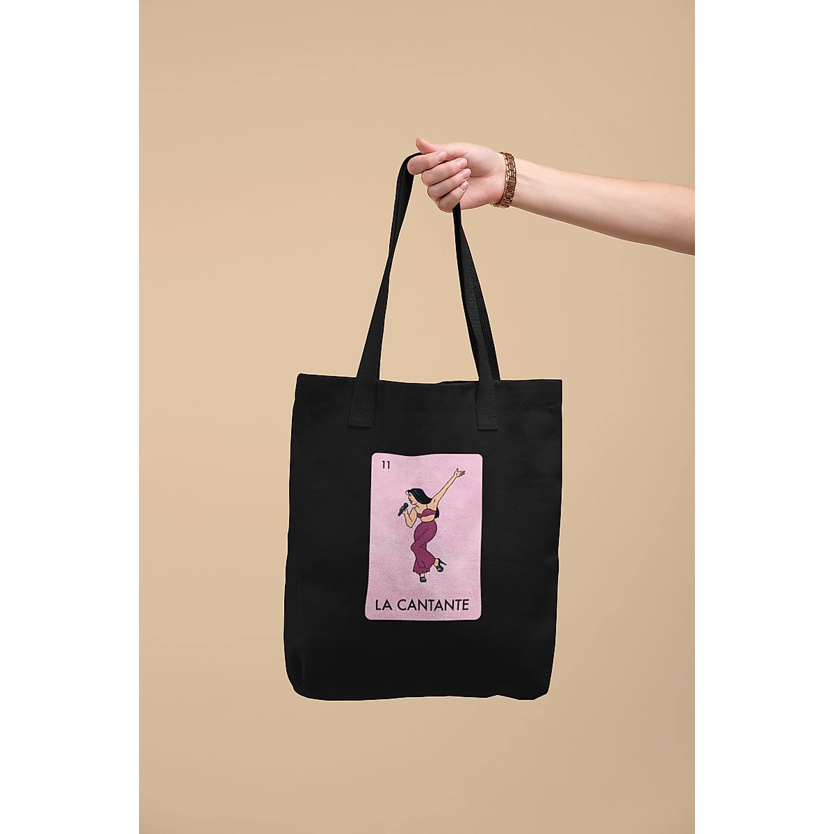 Pop Threads La Cantante Singer Mexican Lottery Funny Parody Tejano Music Black 15x15 inches Large Canvas Tote Bag