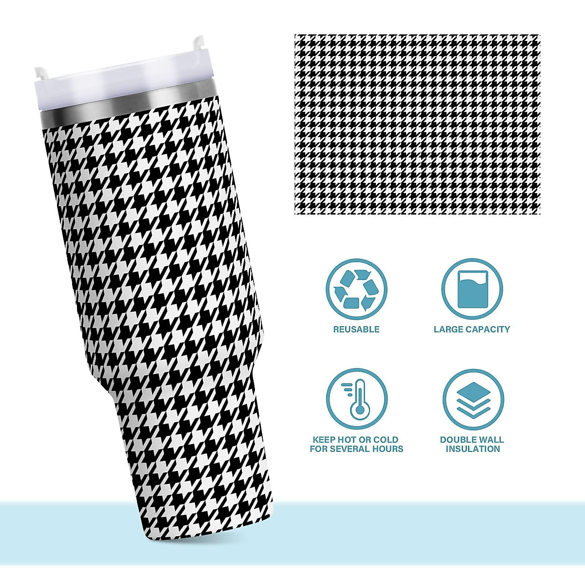 MCHIVER Black Houndstooth Tumbler with Lid and Straw 40 oz Insulated Water Bottle Leakproof Water Tumblers for Smoothie Coffee Water