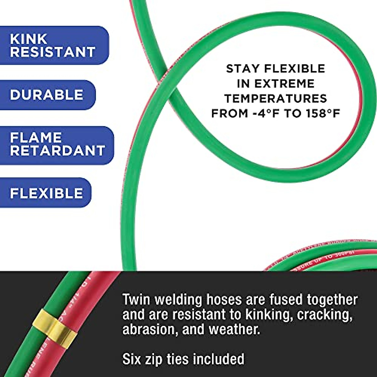 Master Elite 25 Foot Oxygen Acetylene Hose Twin Welding Hose Set, 1/4 Inch B Fittings, 9/16”-18 - Oxy Acetylene Cutting Torch Hoses, Welder Gas Hose Cut Metal, Green Red, Grade R, Fits Regulators