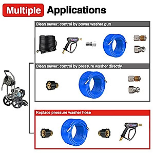 YAMATIC Sewer Jetter Hose for Pressure Washer 150 FT Drain Cleaner Hose 1/4 Inch NPT Button Nose & Rotating Sewer Jetting Nozzle Orifice 4.5, 4000 PSI