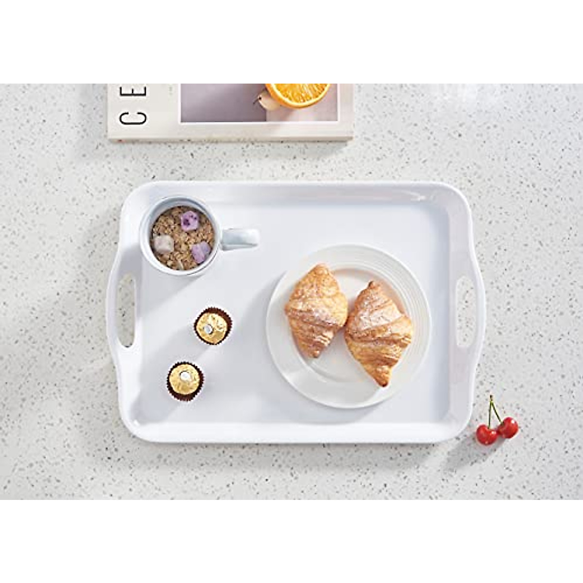 Blue Boat 16.5" x 11.5" Rectangular Serving Trays Set of 2 White,Light Weight Easy to Clean Sturdy Stackable Melamine Serving Tray with Handle, Fruit, Snacks, and Desserts Trays