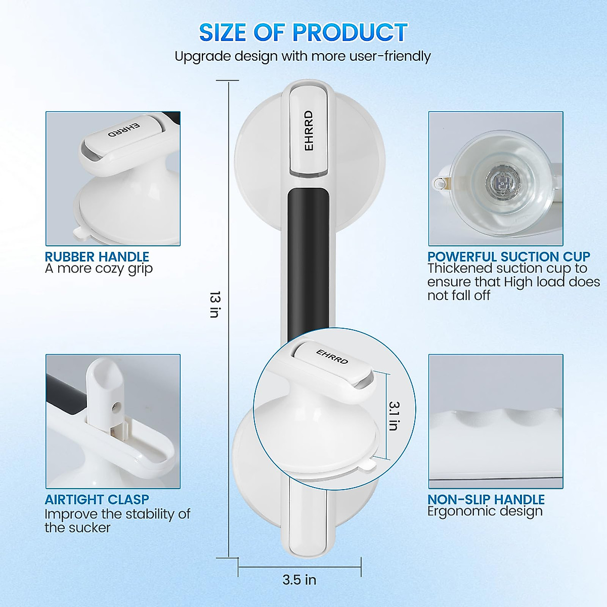 EHRRD A Pair(Two) Suction Cup Bathroom Grab Bar with Black Accent - Secure Safety Handle for Bathtubs and Showers, Non-Slip Shower Handrail for Seniors and Elderly, No Drilling Required (Black)