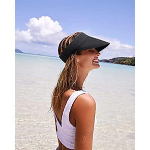 FURTALK Hat Straw Sun Visors, Summer Packable Ponytail Beach Hats for Women Travel UPF 50+ A Black