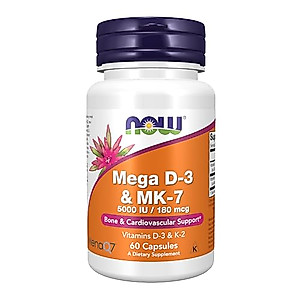 NOW Supplements, Mega D-3 & MK-7 with Vitamins D-3 & K-2, 5,000 IU/180 mcg, Bone & Cardiovascular Support*, 60 Veg Capsules