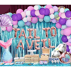 LaVenty 126 PCS Tail To Veil Bachelorette Decoration Mermaid Bachelorette Decoration Tail To Veil Balloons Bride To Be Sash for Mermaid Engagement Bridal Shower Party Blue Tinsel Curtain
