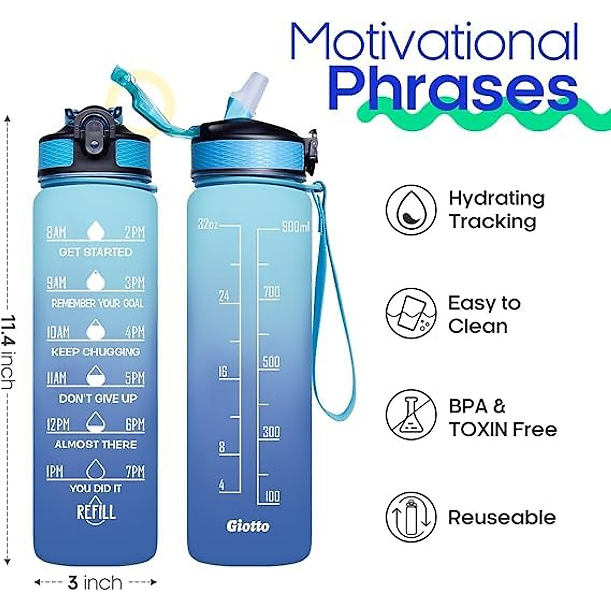 Giotto 32oz Large Leakproof BPA Free Drinking Water Bottle with Time Marker & Straw to Ensure You Drink Enough Water Throughout The Day for Fitness and Outdoor Enthusiasts-Ombre Orange Green