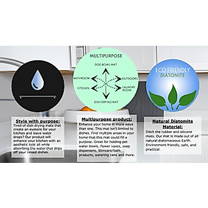 Aesthetic Stone Dish Drying Mat made of Eco Friendly Diatomite Earth Material. Fast Drying, Non Slip, Heat Resistant, Super Absorbent, High Quality, Multi-Purpose in Kitchen or Bathroom. Diatomaceous