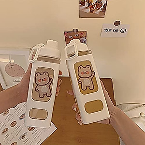 JQWSVE Kawaii Bear Water Bottle with Straw and Sticker, 24 oz Portable Square Drinking Bottle