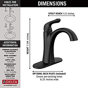 Delta Faucet Arvo Matte Black Bathroom Faucet, Single Hole, Black, Single Handle, Bathroom Sink Faucet, Drain Assembly Included 15840LF-BL