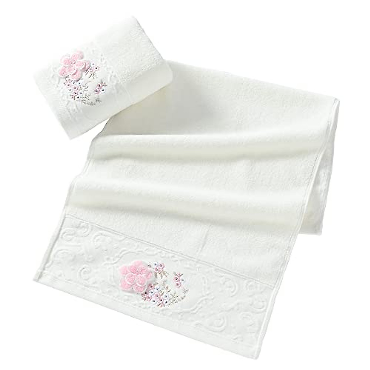 YiLUOMO Beige Hand Towels Stereoscopic Flower Embroidered Bathroom Hand Towel Super Soft 100% Terry Cotton Highly Absorbent Decorative for Home Bathroom(13 x 29 Inch, 2 Pieces)