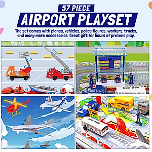57 PCS Commercial Airport Playset with Airplane Toys, Play Vehicles, Fire Trucks, Police Cars & Figures, and Accessories in Storage Bucket for Kids Imaginative Play
