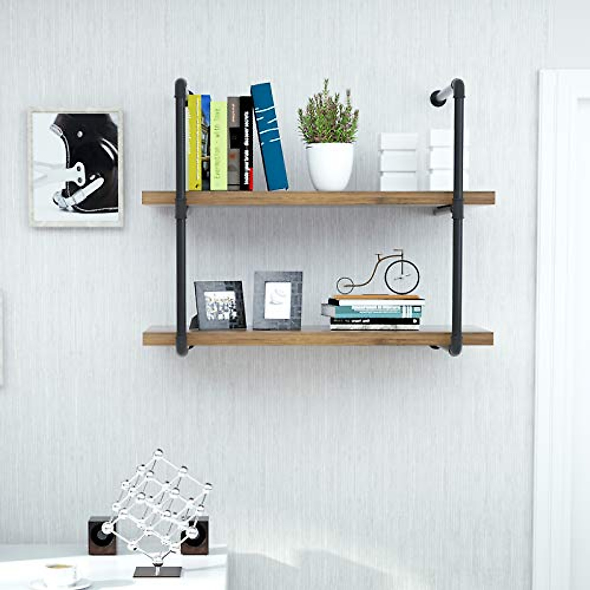 mecor 2022 New Industrial Wall Shelf 2-Tier with Planks, Wall Mount Iron Pipe Shelves, Wood and Metal Frame Wall Bookcase