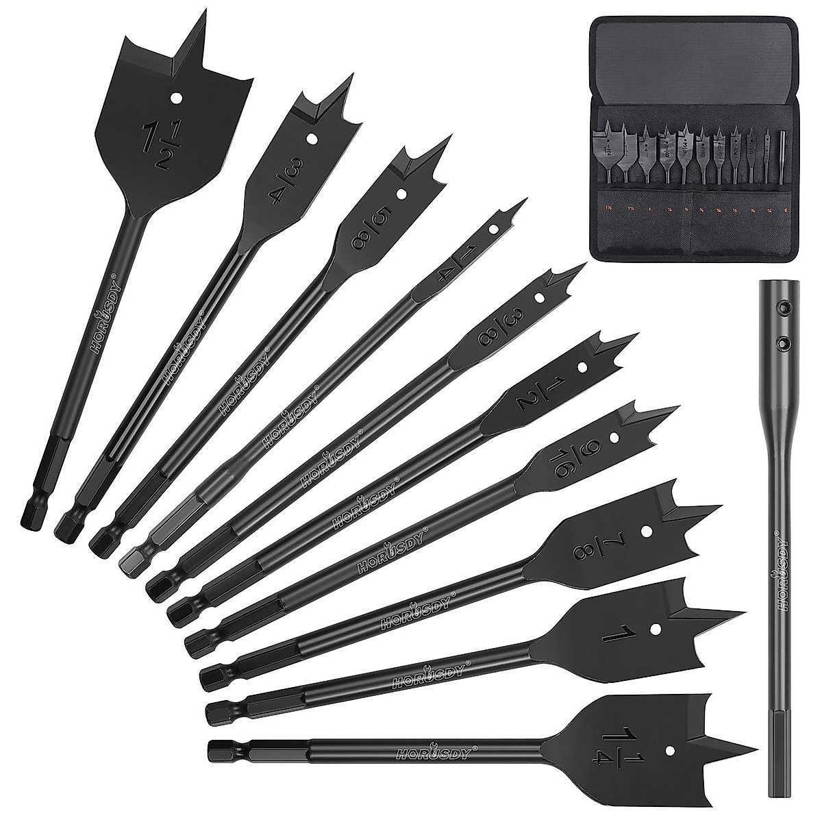 SEDY 11-Pieces Spade Drill Bit Set, Paddle Flat Bits with Extension for Woodworking, Industrial Grade Carbon Steel Black Coat, 1/4" to 1-1/2" with Storage Bag and Exquisite Packaging
