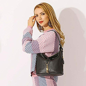 Fashion Designer Women Shoulder Bag Metal Tassel Real Leather Tote Handbag Ladies Crossbody (Black)