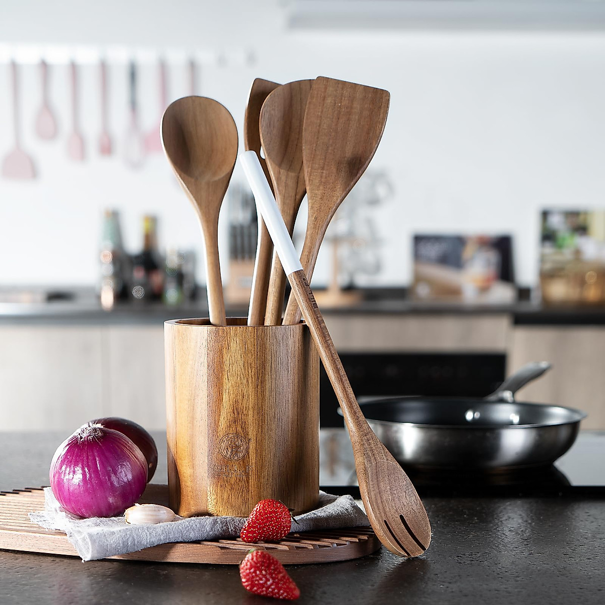 Wooden Spoons for Cooking Wooden Kitchen Utensil and Kitchen Utensil Holder Set of 5 Wooden Cooking Utensils Spatula Set Including Spoon, Turner and Slotted Spoon with Long Handle